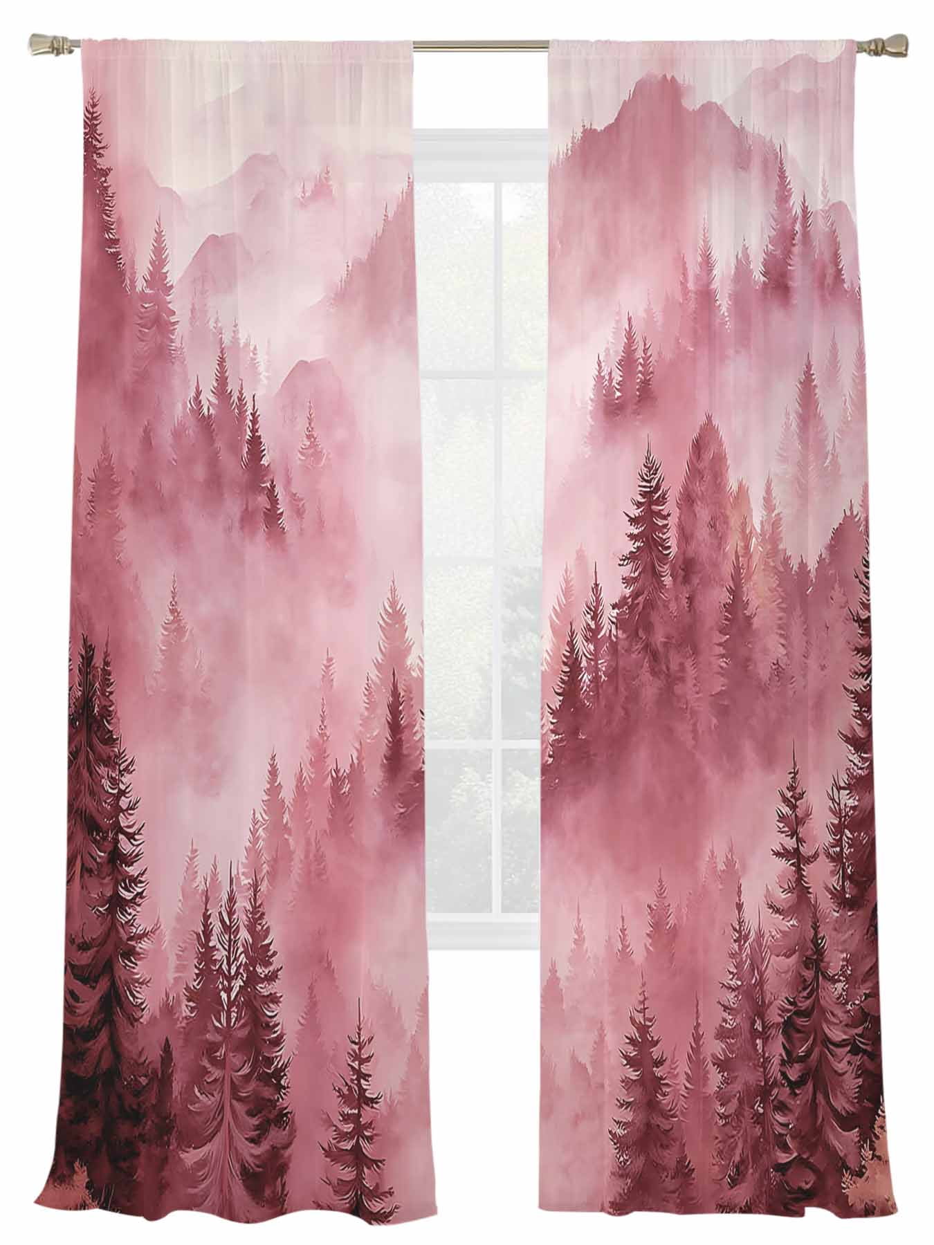 Pink Forest Mountain Sheer Curtains 2 Panels Set Retro Watercolor ...