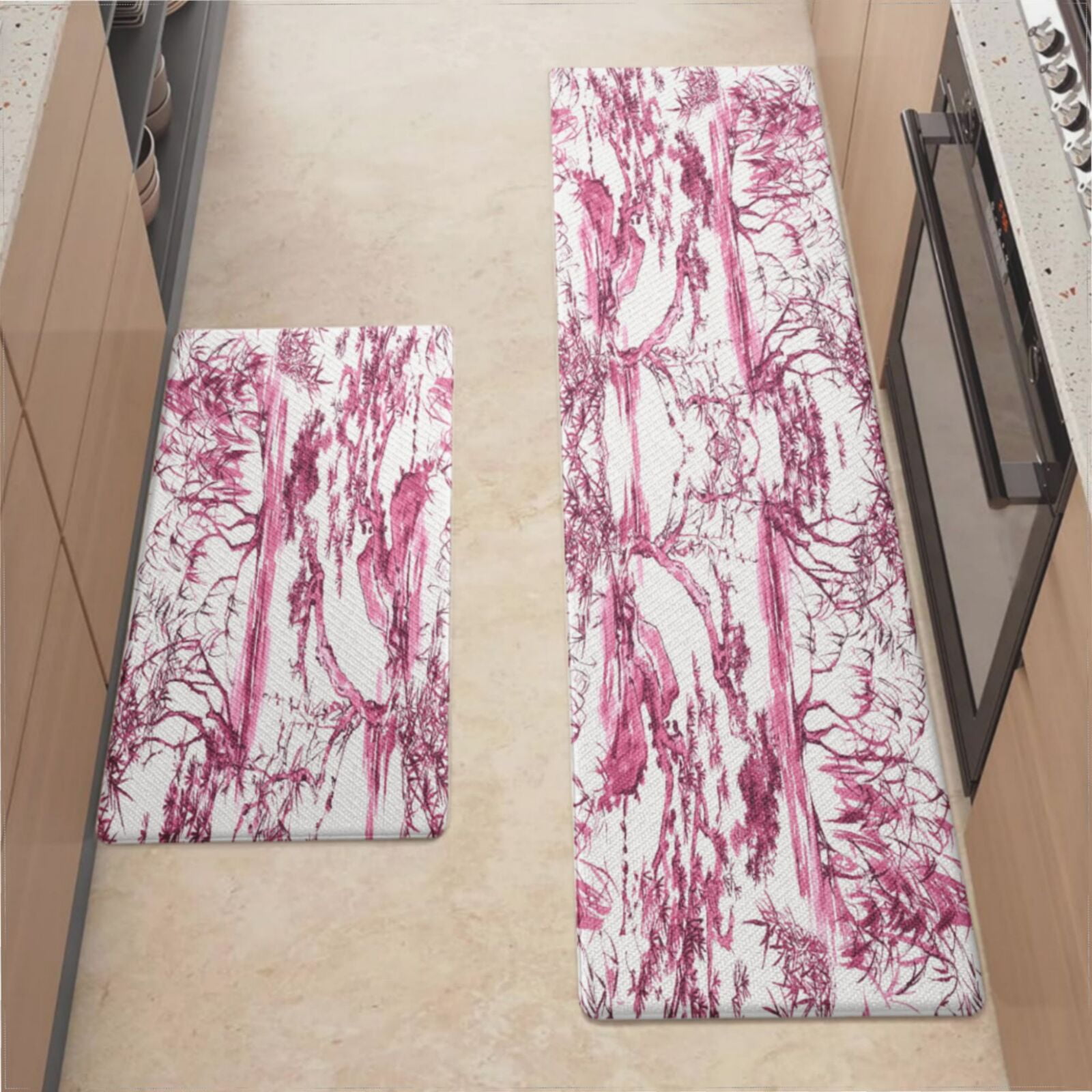Pink Forest Style Pvc Kitchen Mat Runner 2 Pieces Non Slip Washable ...