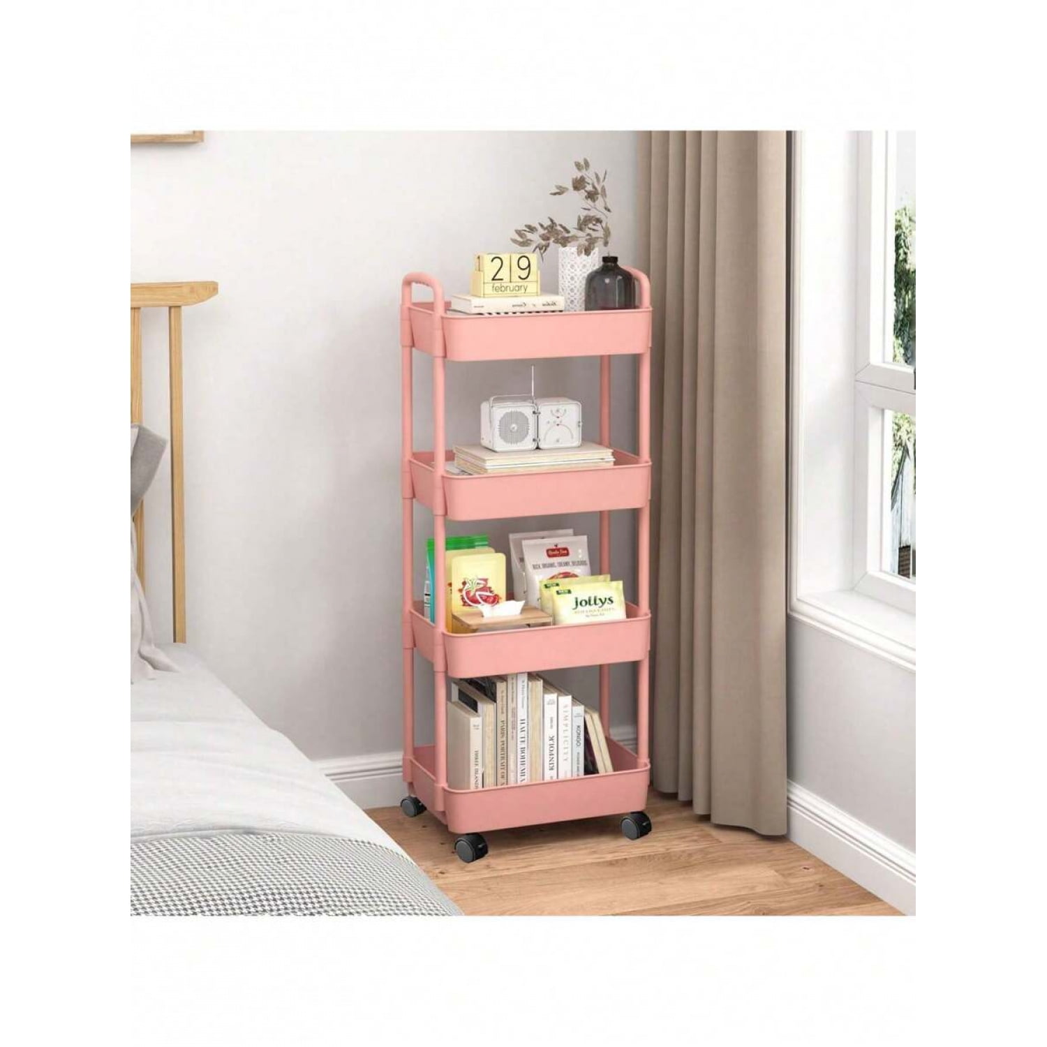 Pink Four Layers Rolling Cart with Wheels,Multifunction Utility Storage ...
