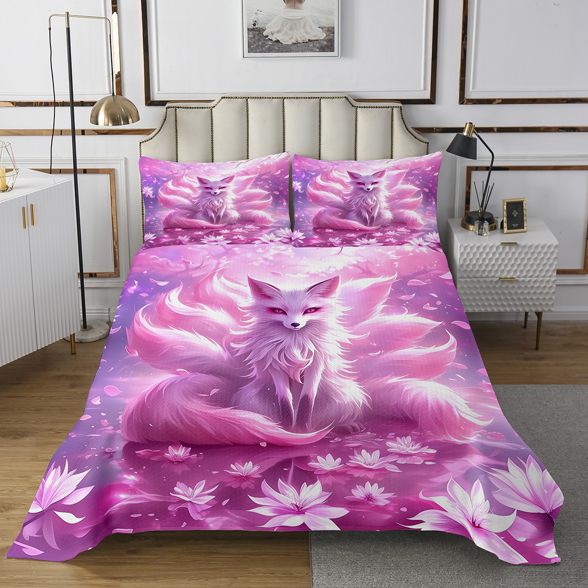 Pink Fox Bedding Sets Twin Size,Japanese Cherry Blossoms Pink Bedspread ...