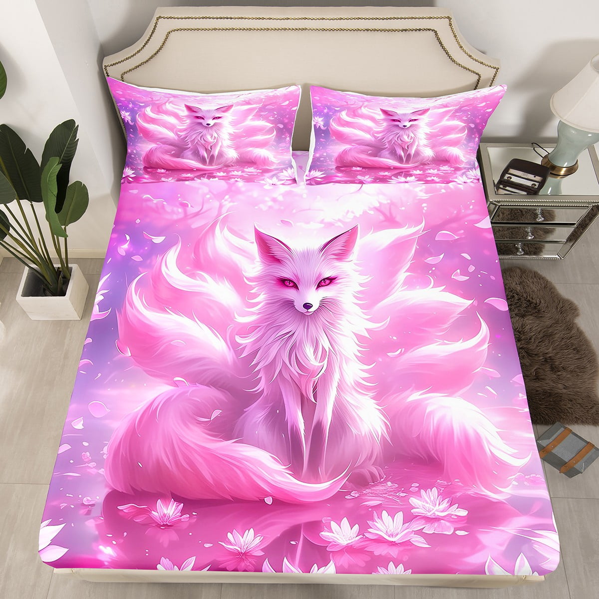 Pink Fox Fitted Sheet Queen Size,Japanese Cherry Blossoms Pink Bedding ...