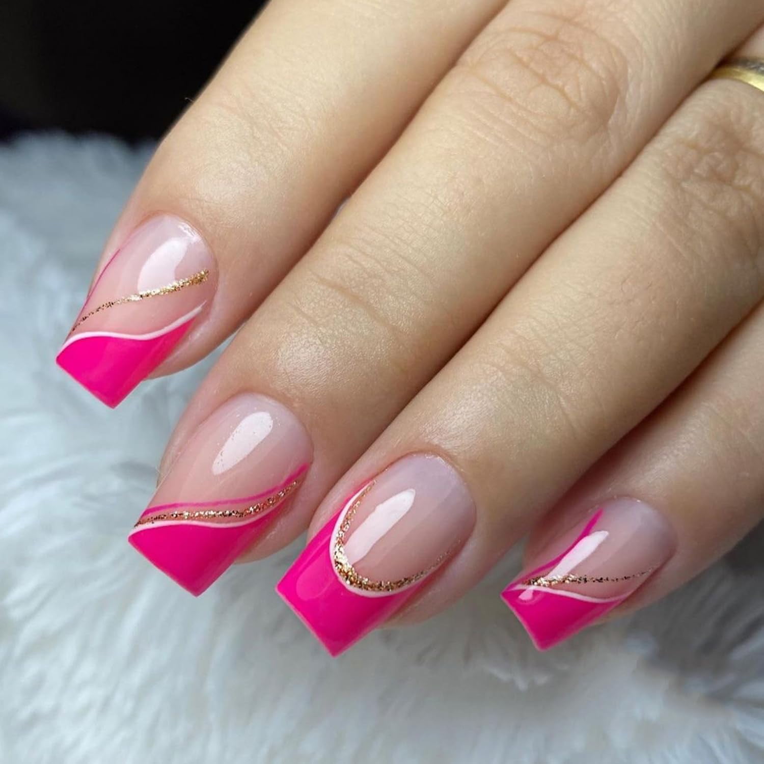 Pink French Tip Press on Nails Medium Coffin Nails Gold Glitter Wavy ...