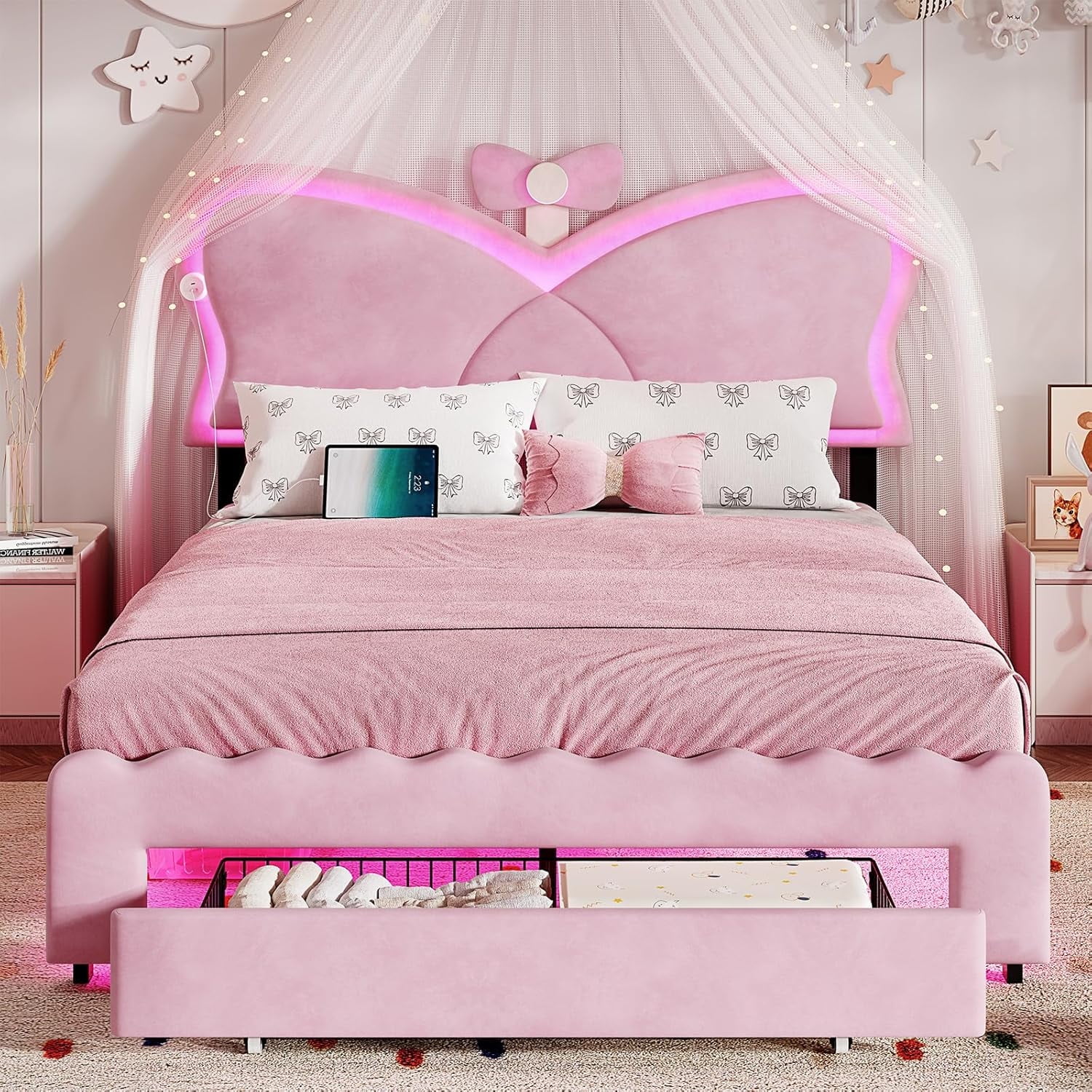 Pink Full Bed Frames with LED Lights and Storage Drawer, Upholstered ...