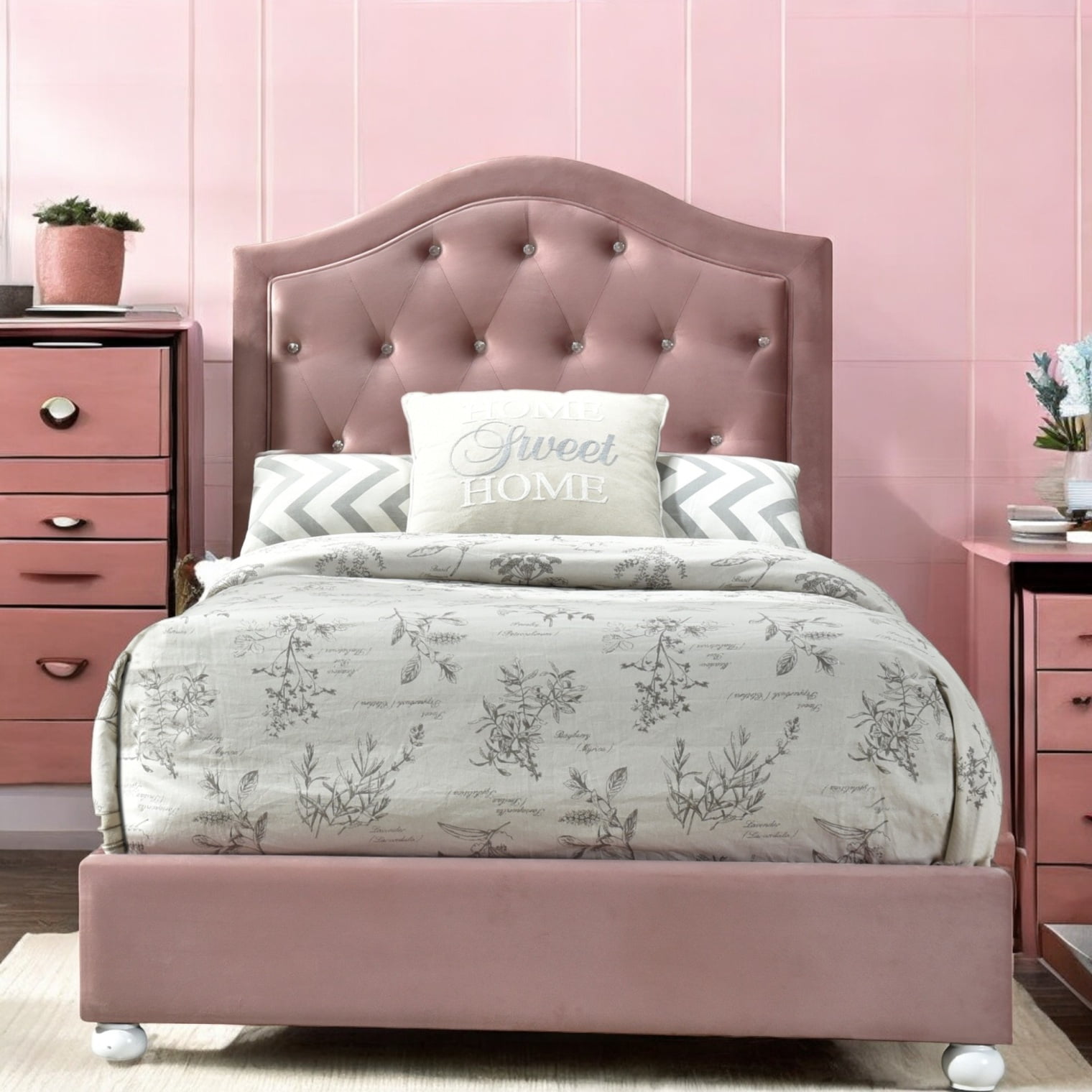 Pink Full Size Bed Frame, Pink Fabric Full Bed with Button Tufted ...