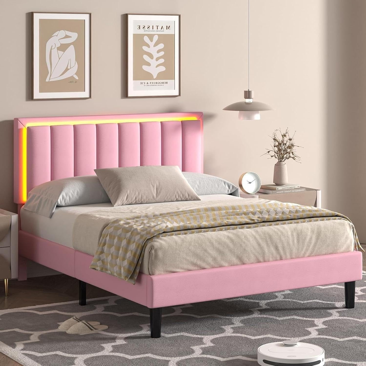 Pink Full Size Bed Frame with LED Lights, Full Size Upholstered Bed ...