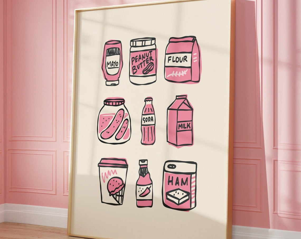 Pink Funky Grocery Items Poster • Retro Food Art Prints • Cute Kitchen ...