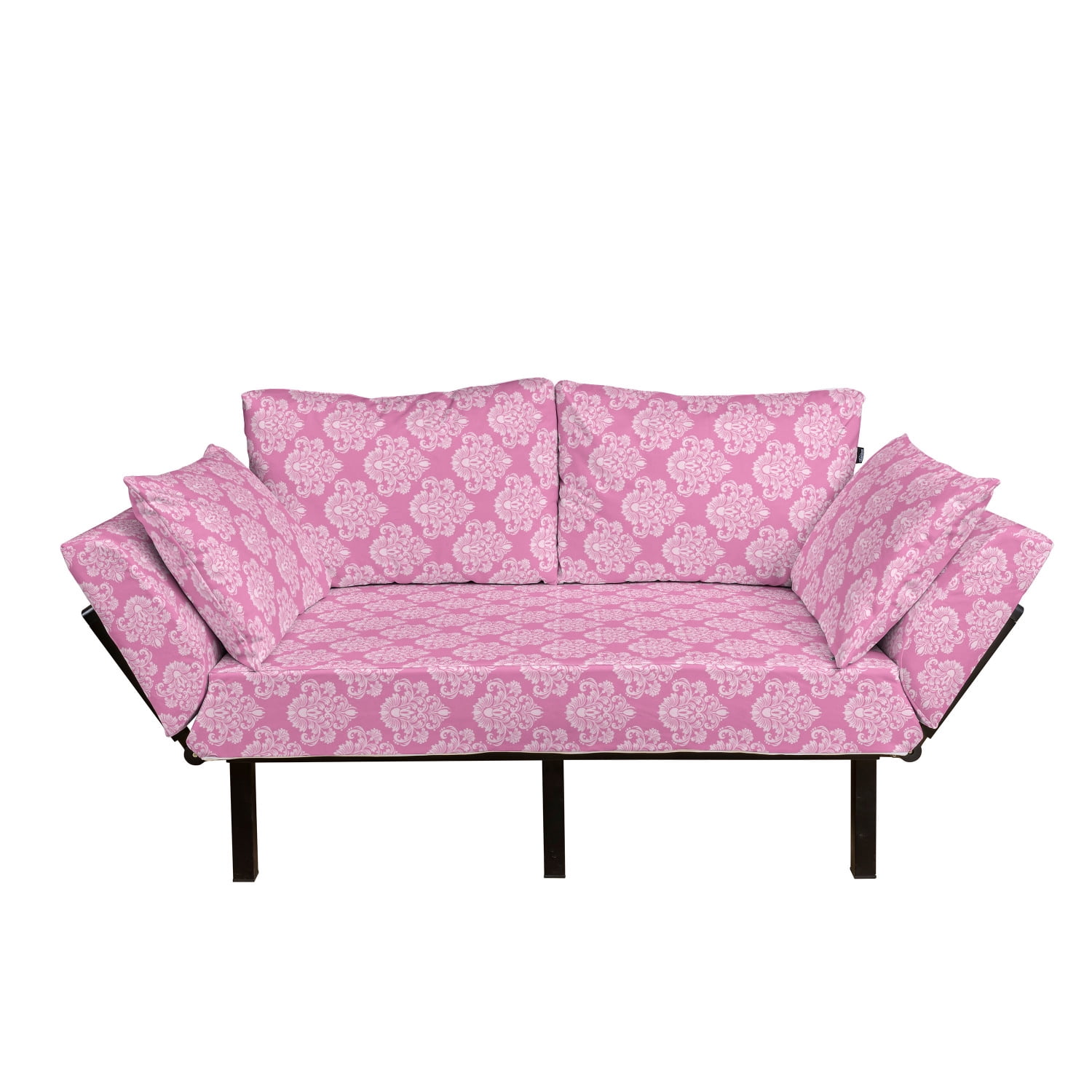 Pink Futon Couch, Intricate Flower Motifs Petals and Leaves Retro ...