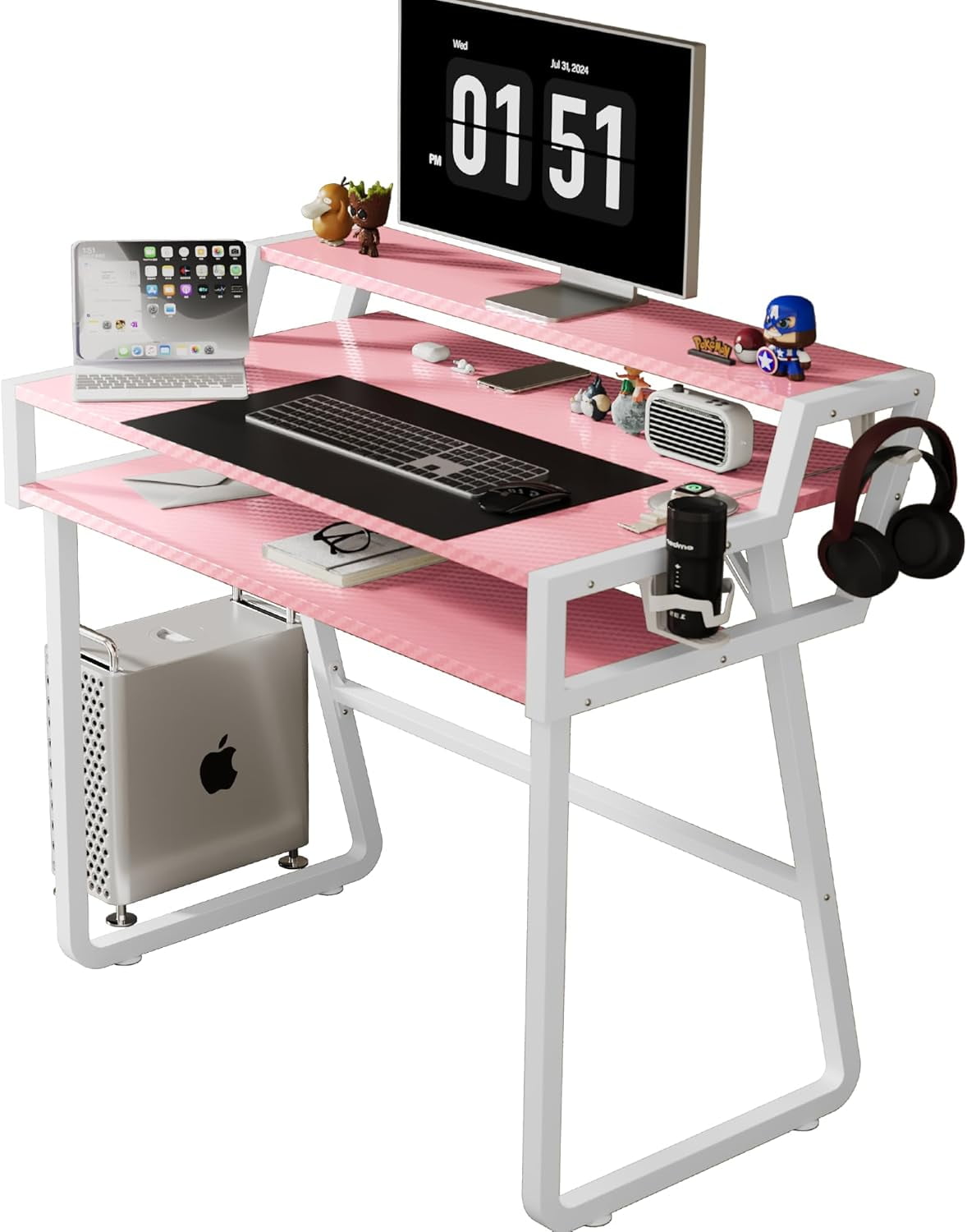 Pink Gaming Desk – 33 Inch Ergonomic Home Office Desk with 3-Tier ...