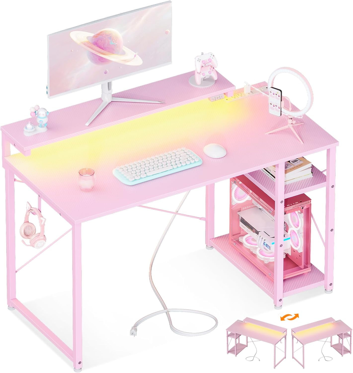 Pink Gaming Desk with Led Lights & Power Outlet, 40 Inch Small Gaming ...