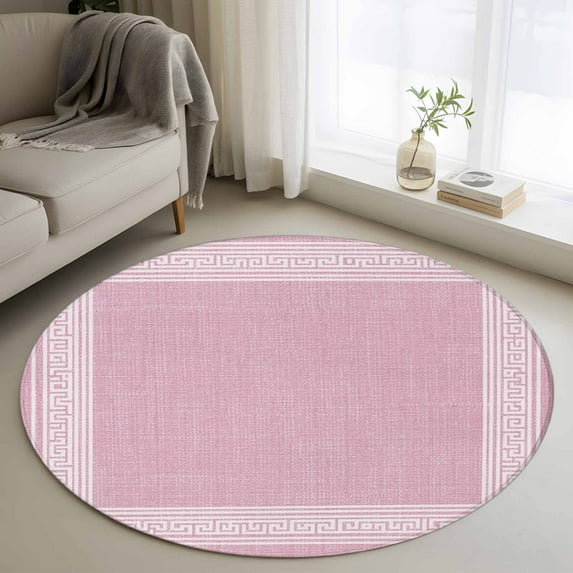 Pink Geometric 3.3ft Round Rug, White Greek Key Design Burlap Modern ...