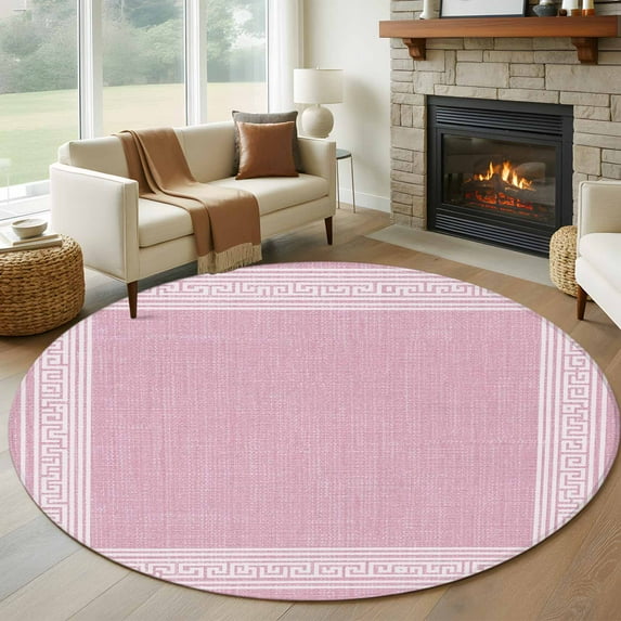 Pink Geometric 5ft Round Rug, White Greek Key Design Burlap Modern Art ...