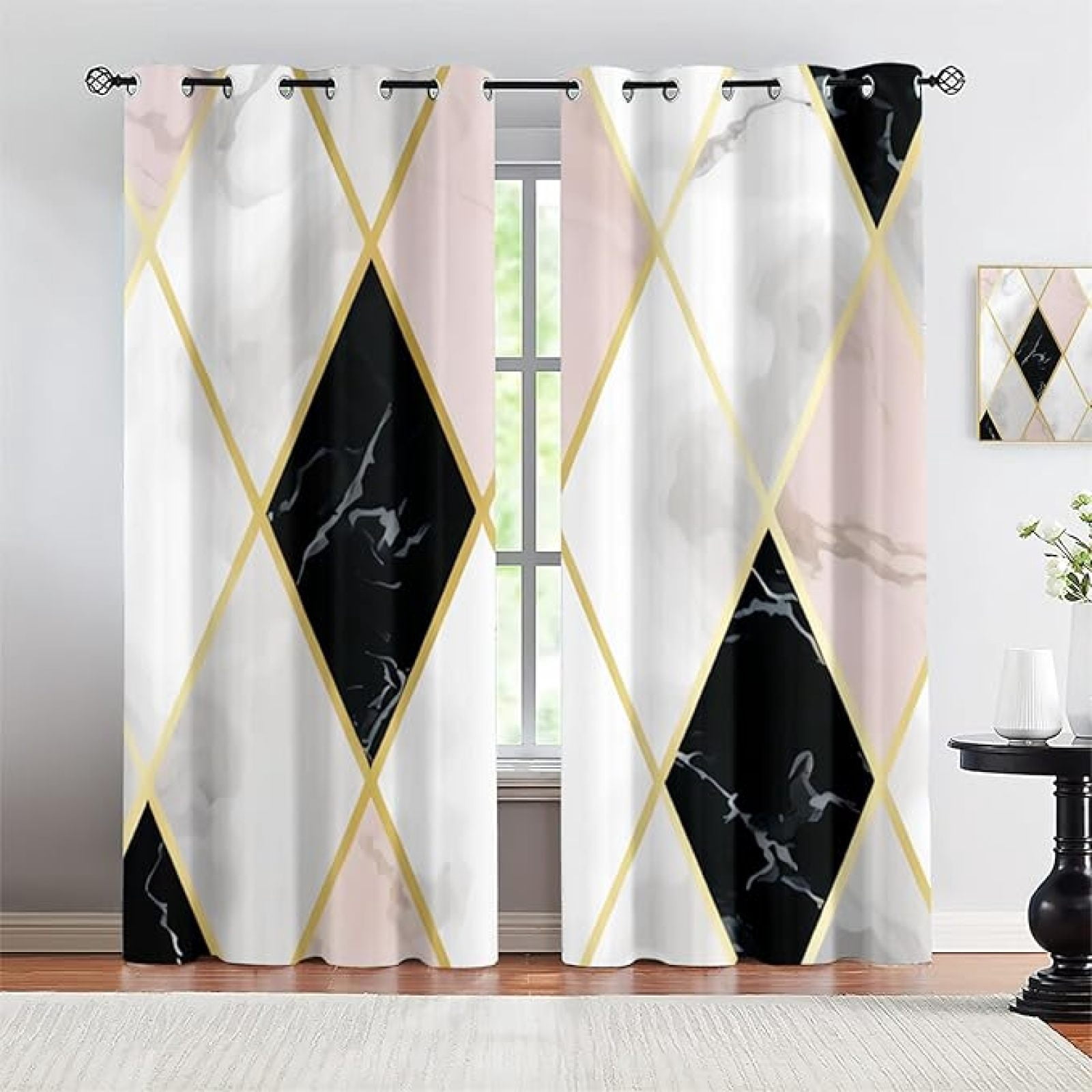 Pink Geometric Diamond Pattern Curtains For Bedroom, Black And Grey ...