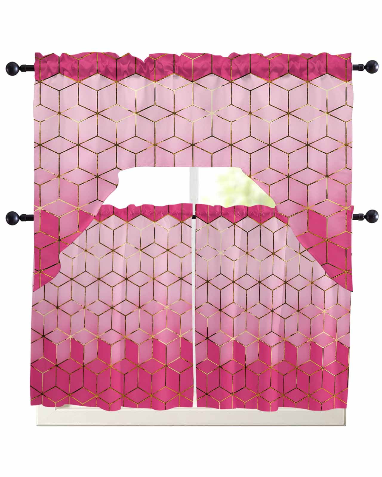 Pink Geometric Kitchen Curtains Sets 24 Inch Length with Valance ...