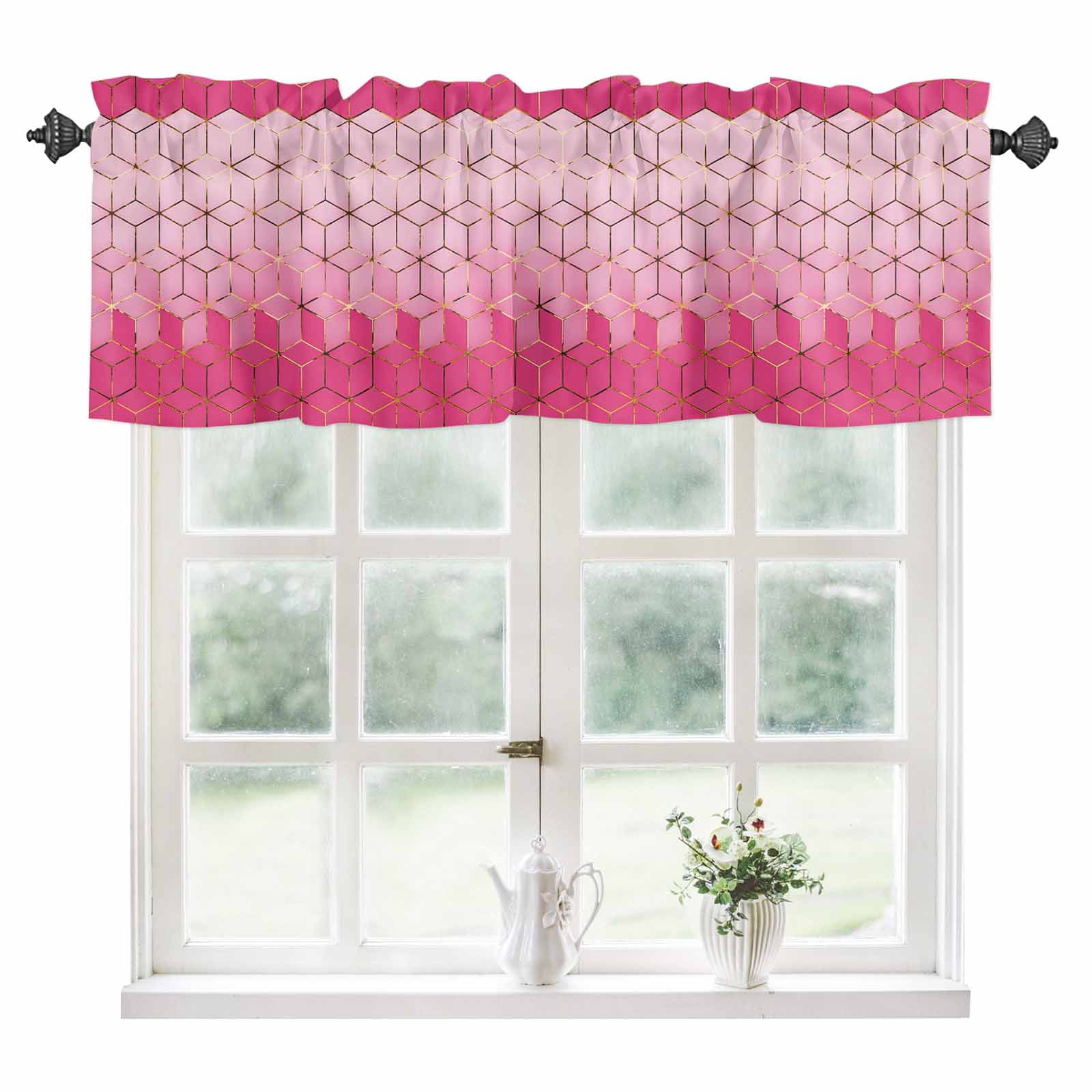 Pink Geometric Kitchen Valances for Windows 42x12 Inch Kitchen Curtains ...