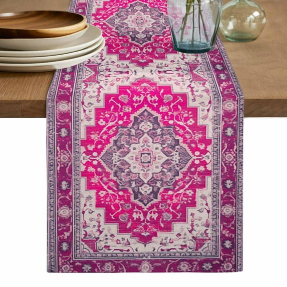 Pink Geometric Table Runner, Middle Century Boho Ethnic Abstract ...