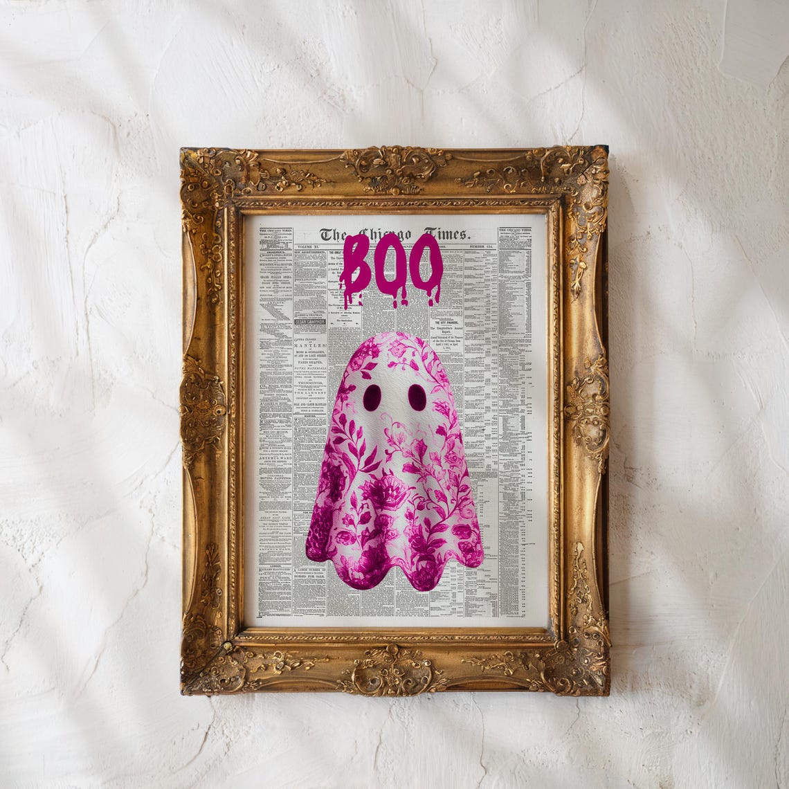 Pink Ghost Newspaper Art Print Cute Spooky Wall Dã©Cor French Country ...