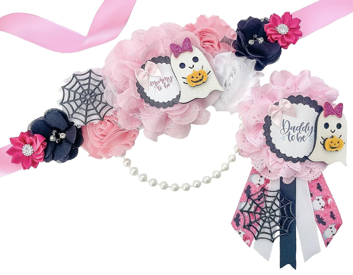 Pink Ghost and Spider Webb A BOO IS DUE Baby Shower Mommy Sash, A BOO ...