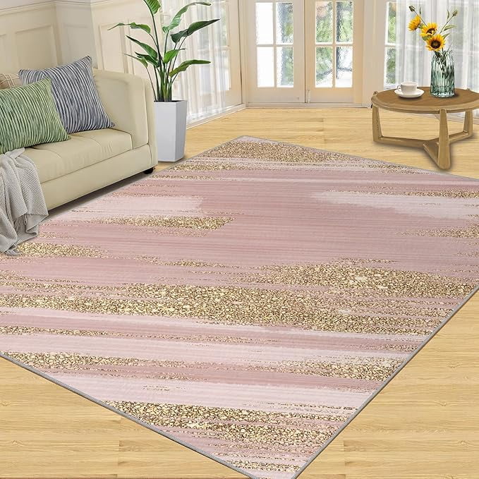 Pink Gilt Area Rug, Modern Rose Gold Texture Indoor Rug, With Anti-Slip ...