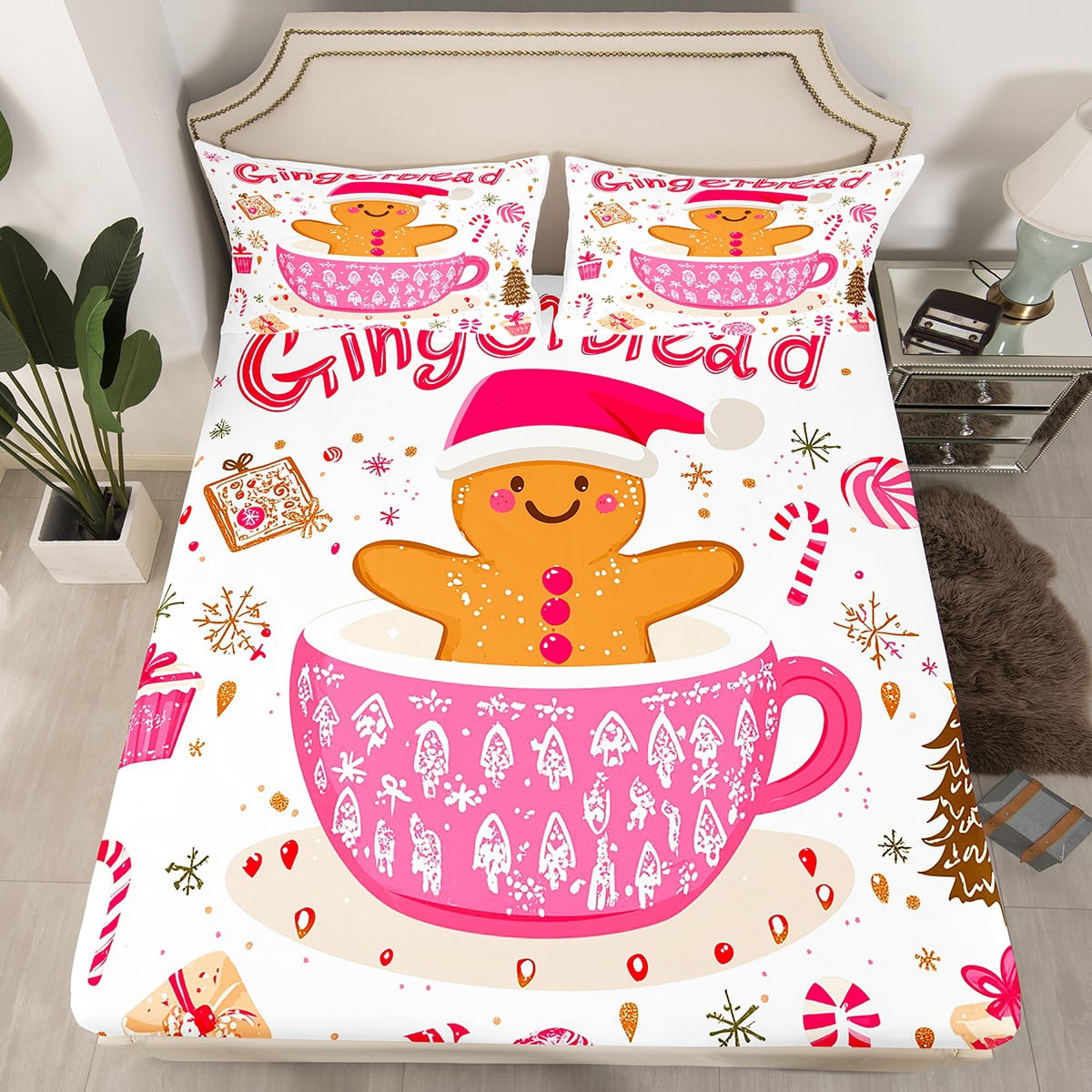Pink Gingerbread Queen Fitted Sheet,Christmas Tree Candy Colorful ...