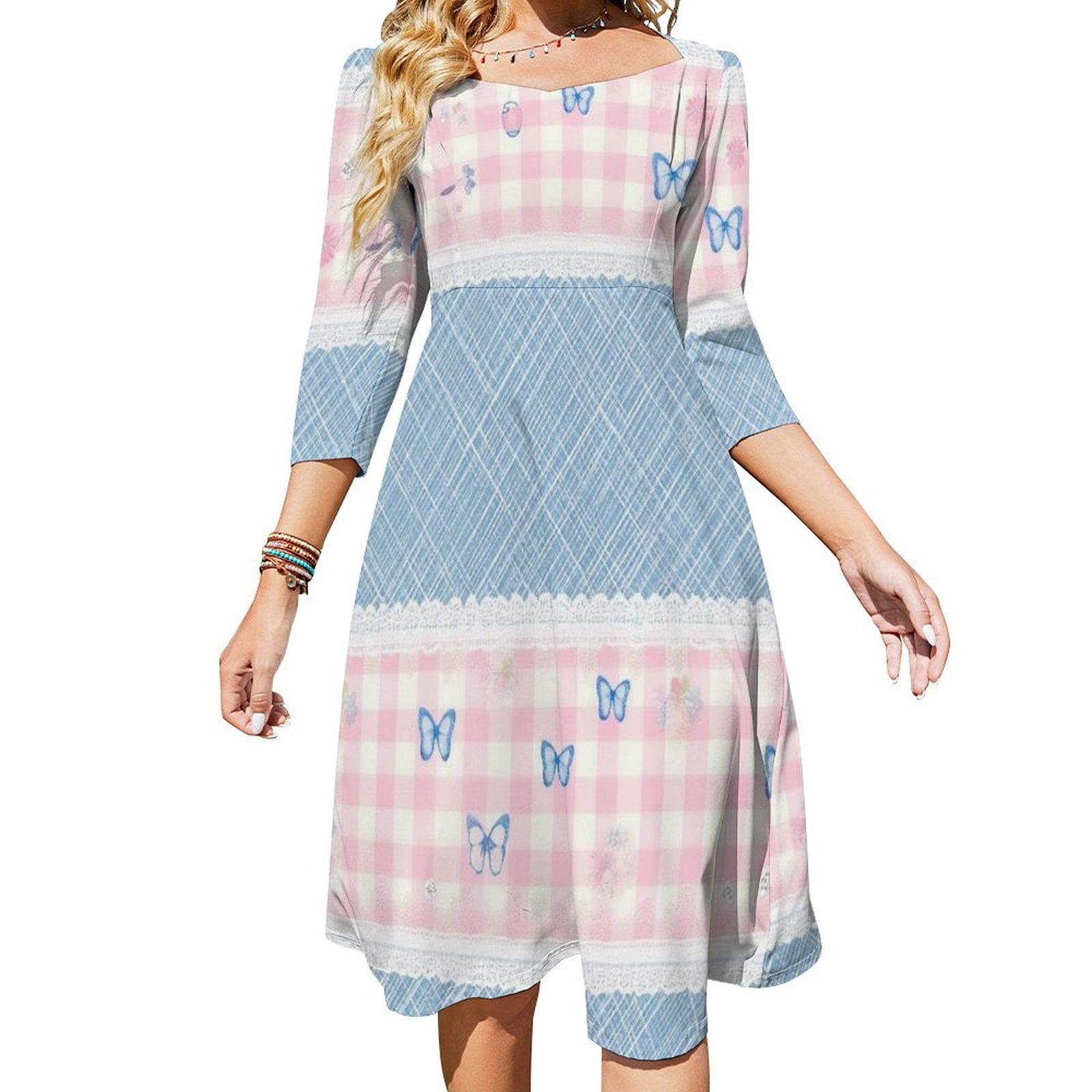 Pink Gingham And Blue Plaid Pattern-2 Sweetheart Knot Flared Dress Fashion Design Large Size ...