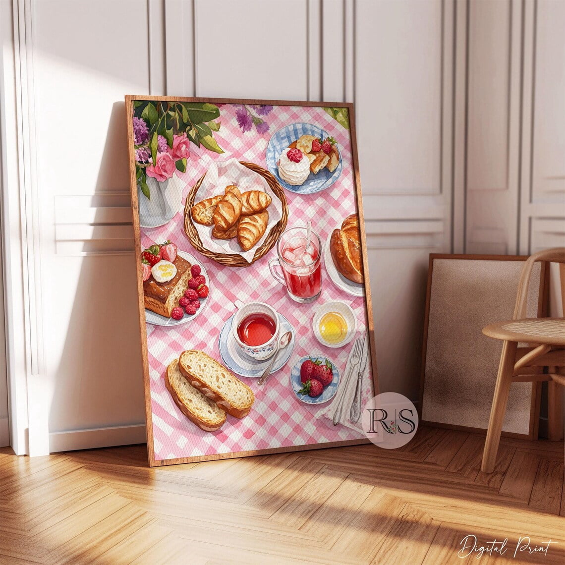 Pink Gingham Spring Summer Picnic Watercolor Art Print, Preppy Pink ...