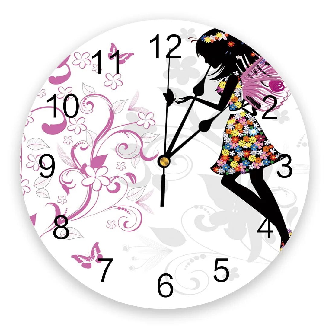 Pink Girl Flower Butterfly Wall Clock Modern Design Living Room ...