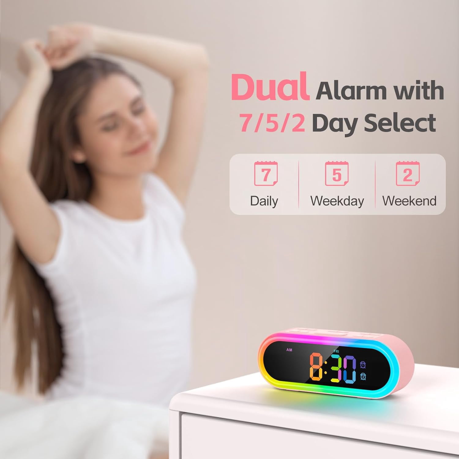 Pink Girls Alarm Clock For Bedroom, Dimmable Colorful Night Light & Led ...