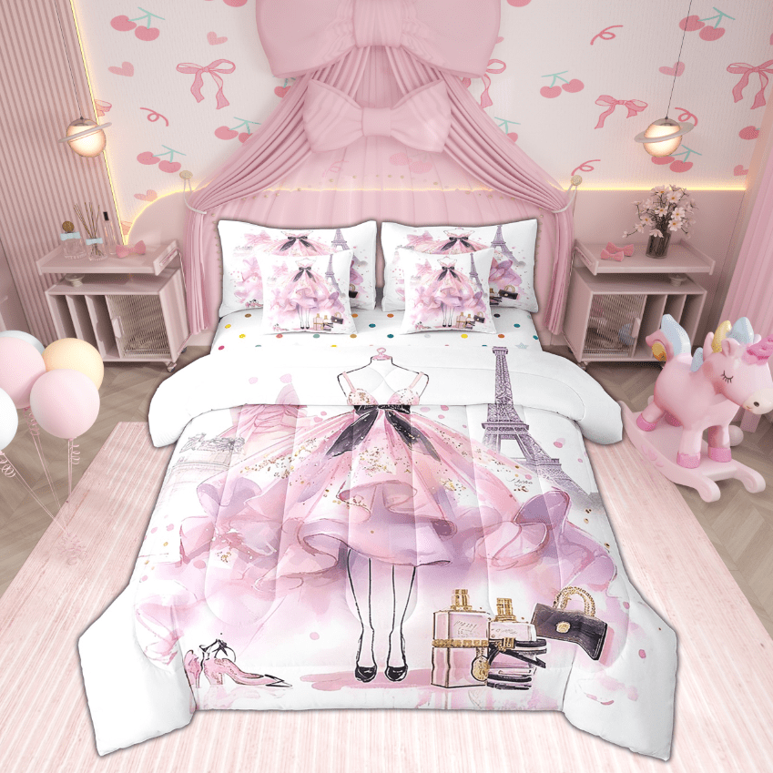 Pink Girly Dress Bed In A Bag 7 Piece Queen Women Eiffel Tower Paris ...