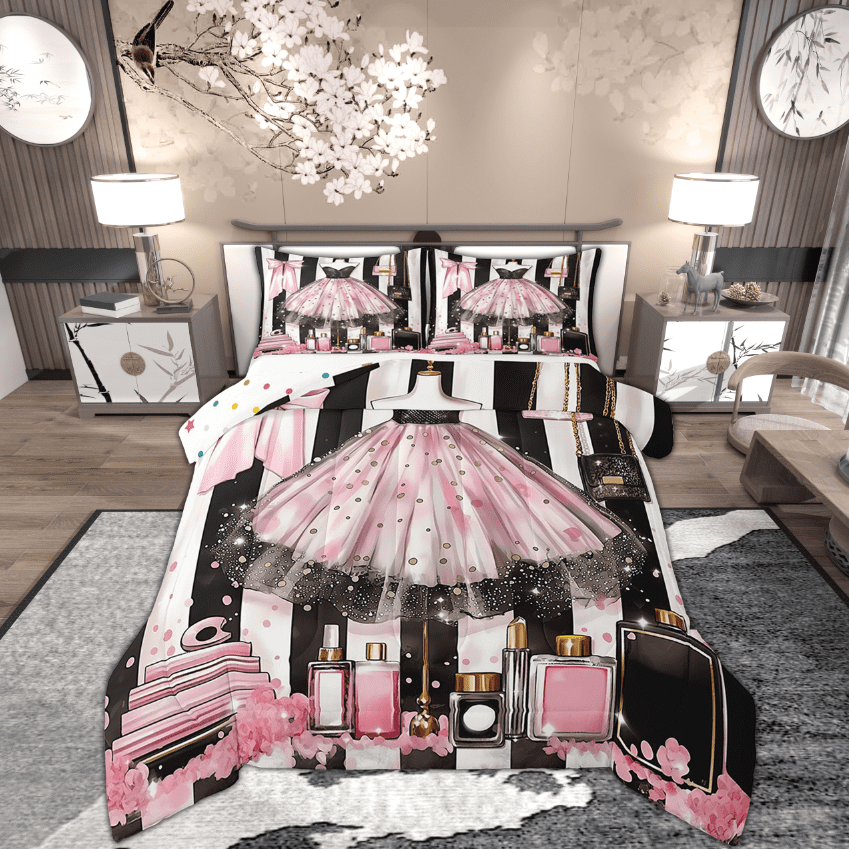 Pink Girly Dress Bedding Full Size Modern Women Black White Stripe ...