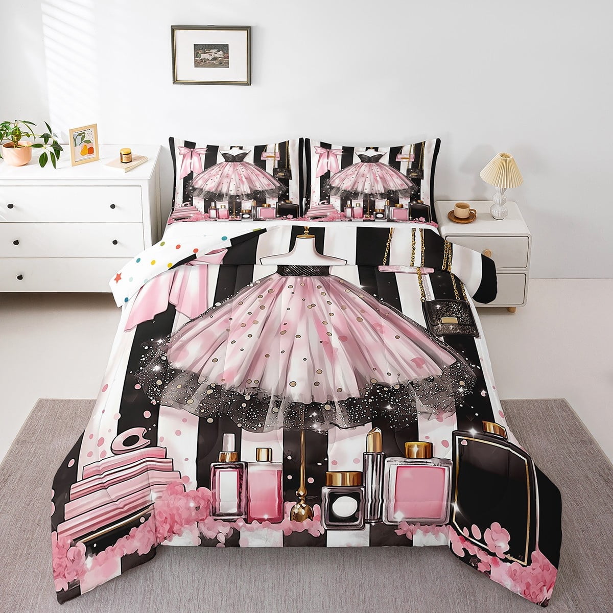 Pink Girly Dress Bedding Queen Size Modern Women Black White Stripe ...