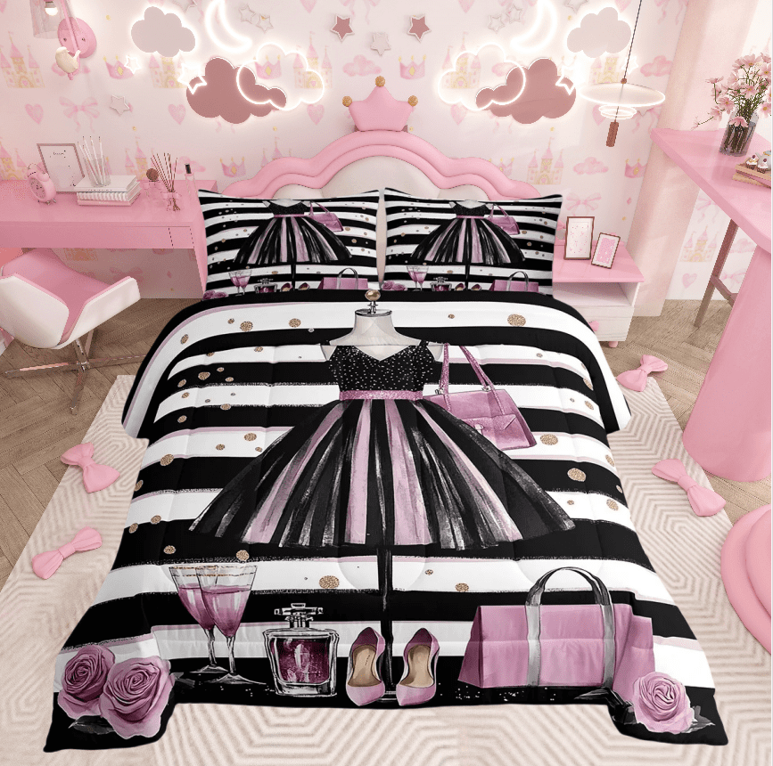 Pink Girly Dress Bedding Sets King Size Modern Women Black White Stripe ...