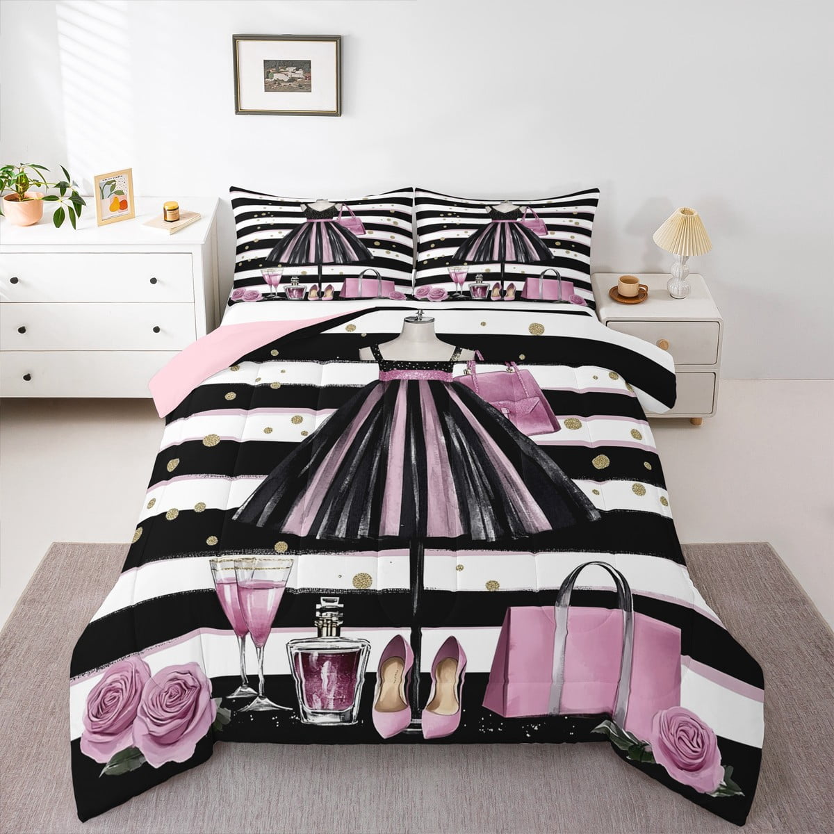 Pink Girly Dress Bedding Sets King Size Modern Women Black White Stripe ...