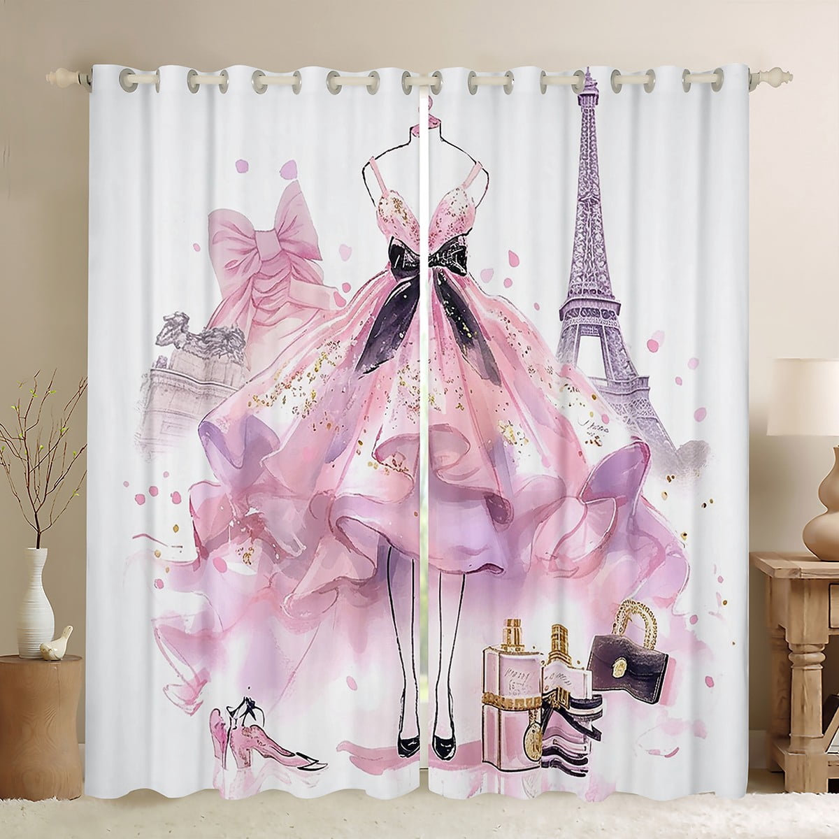Pink Girly Dress Blackout Curtains for Girls Women Eiffel Tower Paris ...
