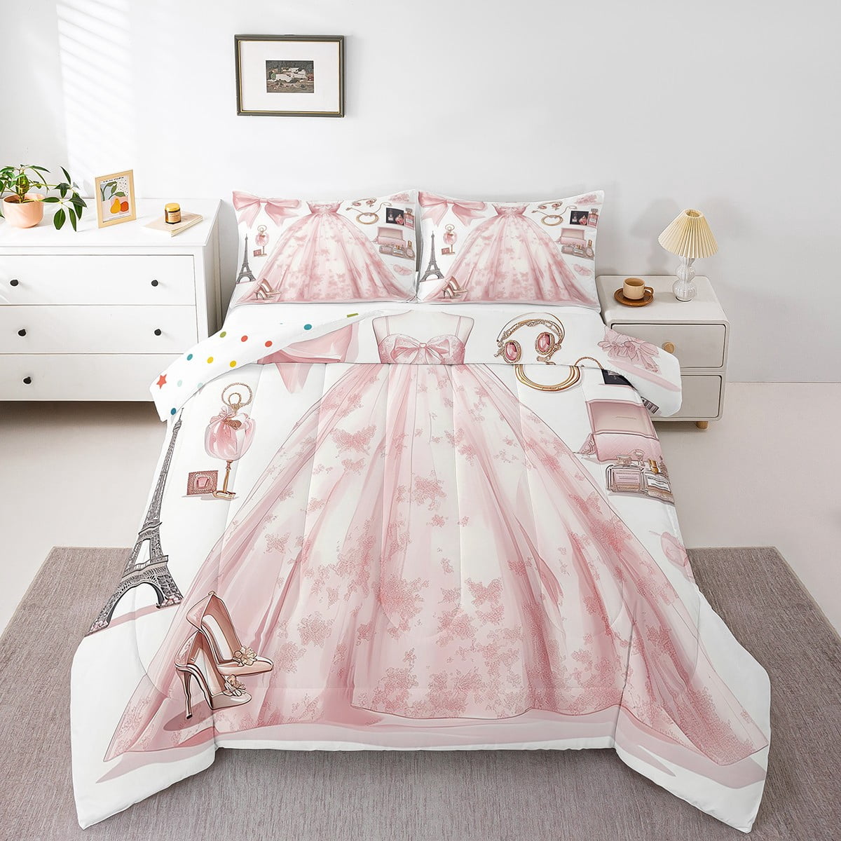Pink Girly Dress Comforter Set Queen Modern Fashion Woman Dress Bedding ...