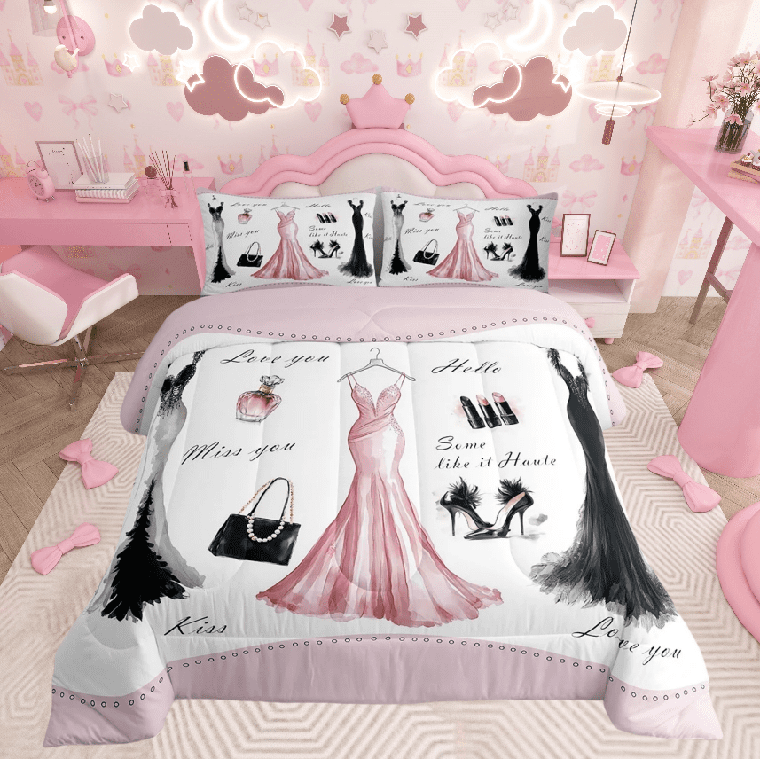 Pink Girly Dress Comforter Set Queen Modern Fashion Woman Dress Bedding ...