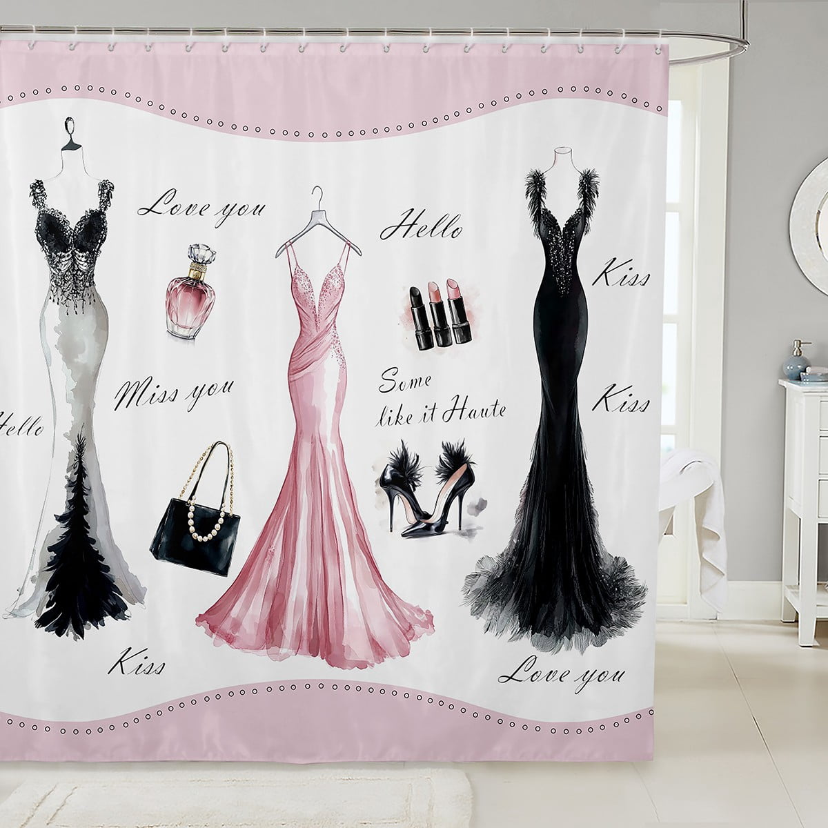 Pink Girly Dress Shower Curtain Modern Fashion Woman Dress Bath Curtain ...