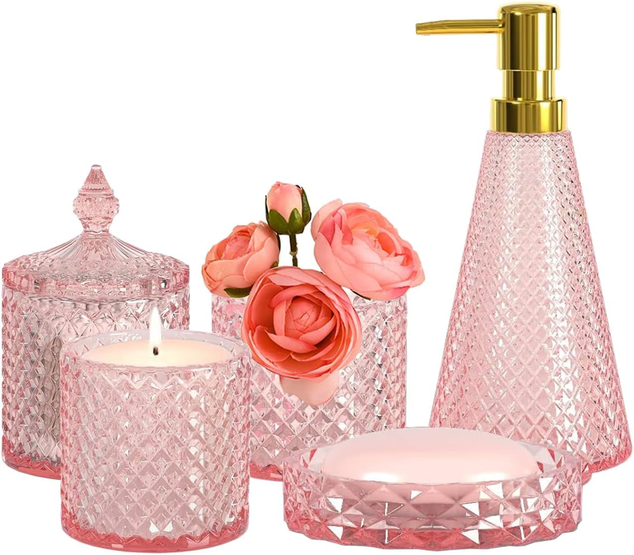 Pink Glass Bathroom Accessories Set5Pcs Vintage Bathroom Accessory Set ...