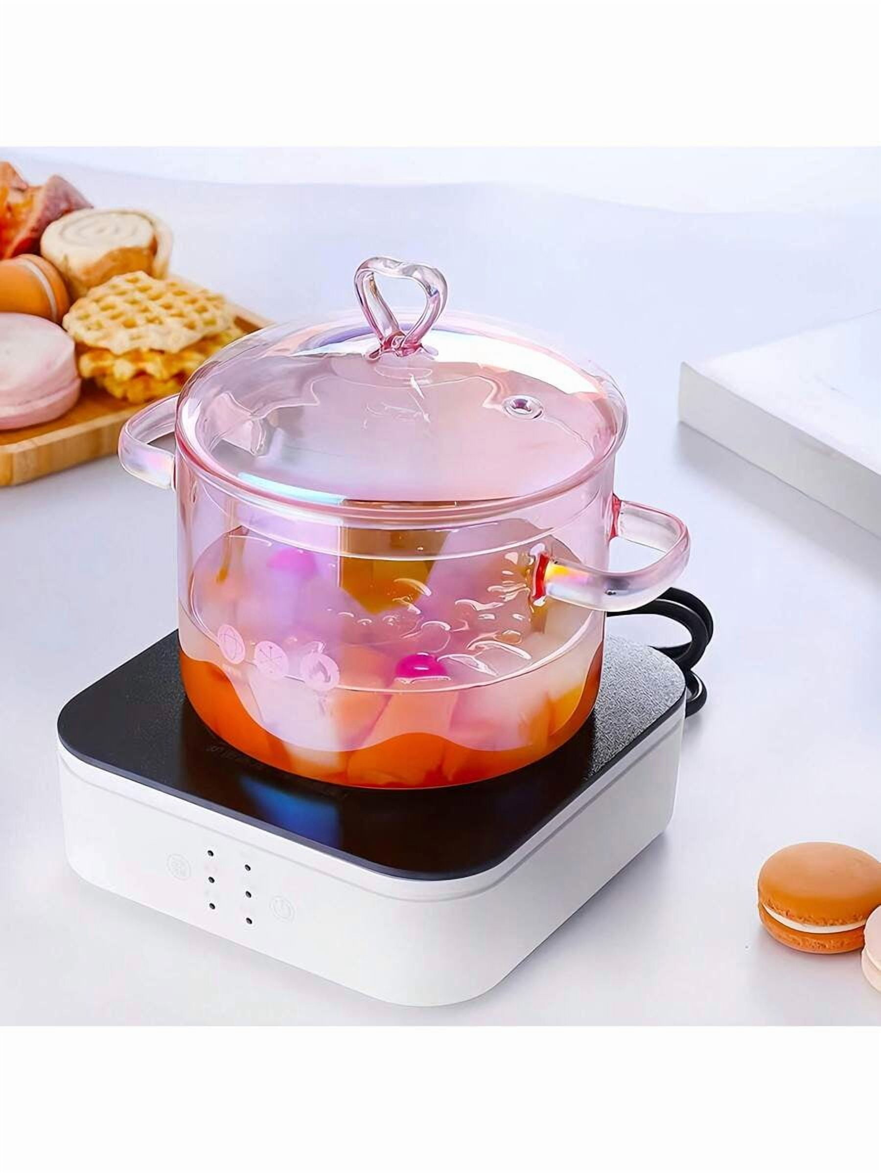 Pink Glass Soup Pot with Heart Lid, 50.73oz Large Noodle Pot, Double ...