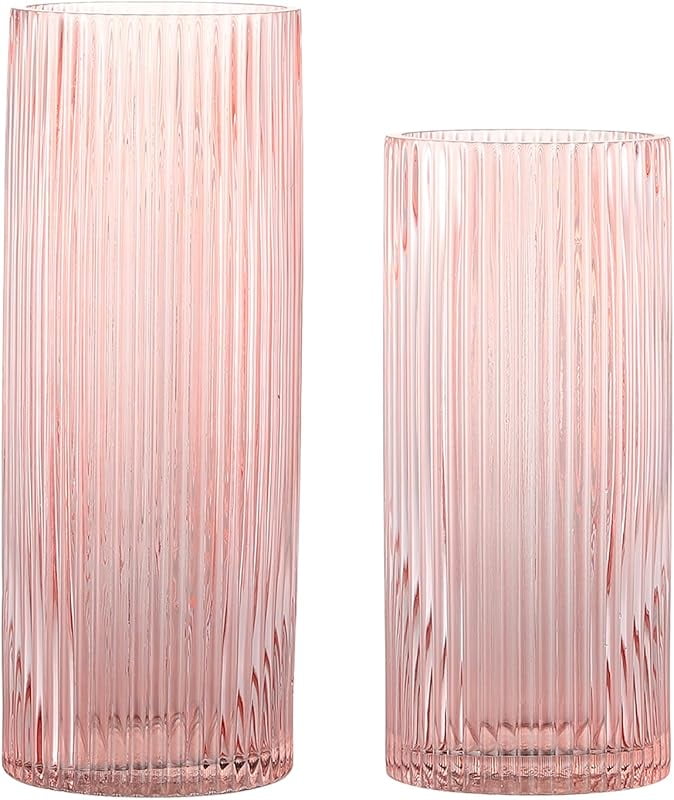 Pink Glass Vase, Glass Flower Vase, Ribbed Glass Vase, Pink Vase, Tall ...