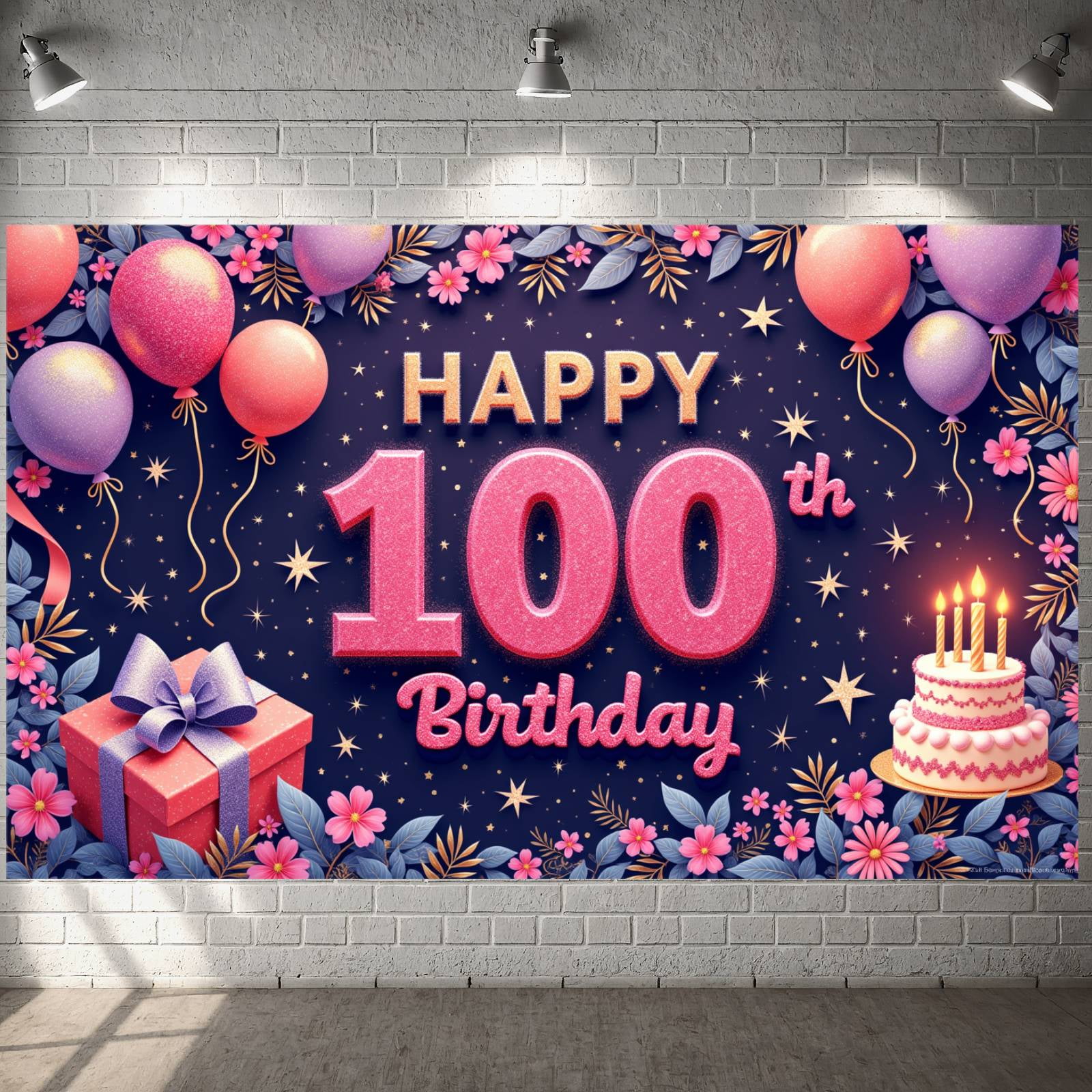 Pink Glitter 100th Birthday Banner Gold Lettering Happy 100th Display ...