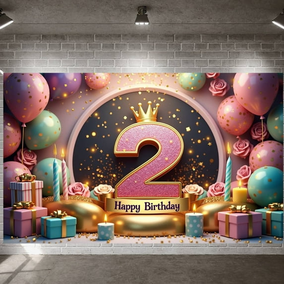 Pink Glitter Banner Gold Crown 2nd Birthday Display Number 2 Design ...