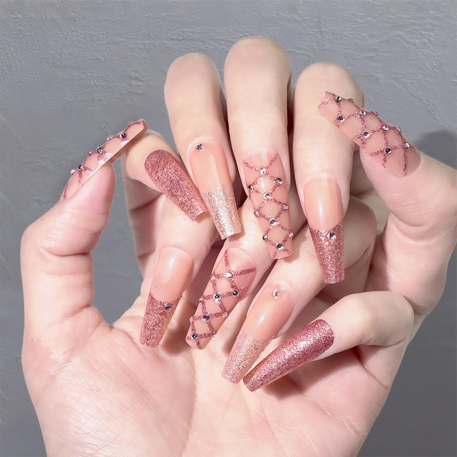 Pink Glitter French Press on Nails Checkered Pattern Rhinestones Fake ...