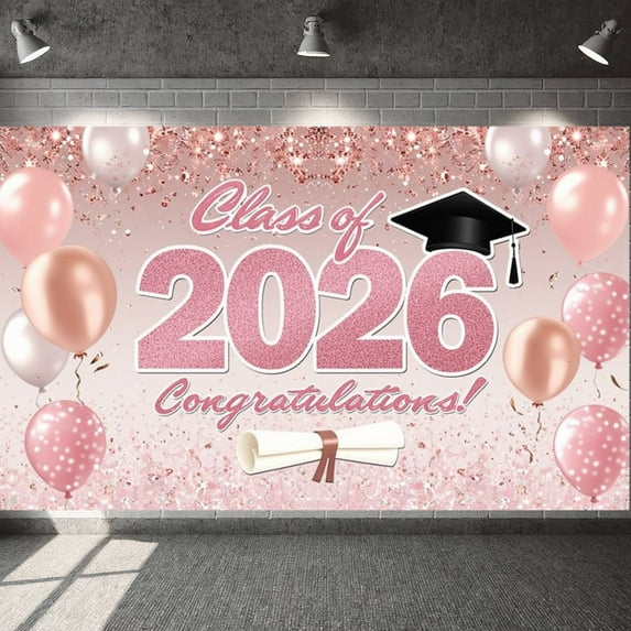 Pink Glitter Graduation Banner Class of 2026 Display Graduation Cap ...