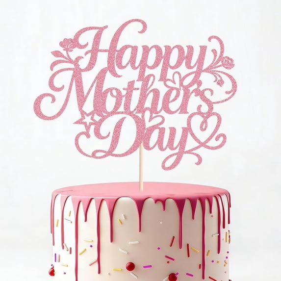 Pink Glitter Happy Mothers Day Cake Topper, Floral Heart Star Scroll ...