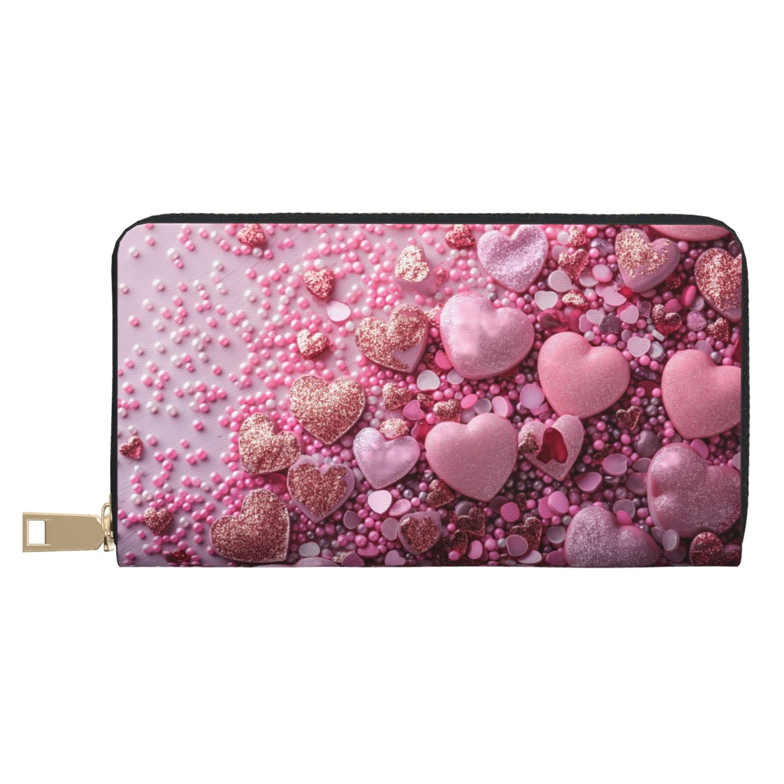 Pink Glitter Heart Candy Wallet Women, Leather Bifold Multi Card Wallet ...
