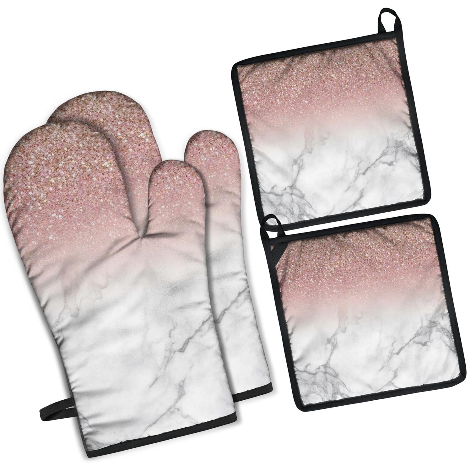 Pink Glitter White Marble Pattern Kitchen Oven Mitt and Pot Holder Sets ...