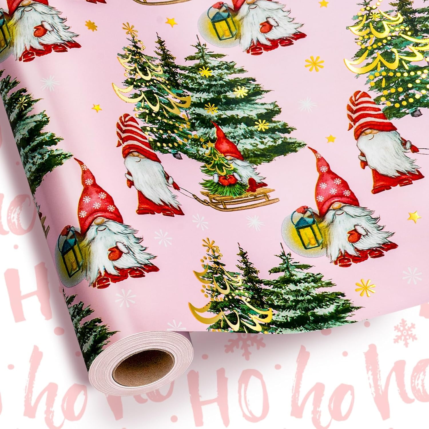 Pink Gnome Wrapping Paper, Reversible Christmas Wrapping Paper, Girly ...