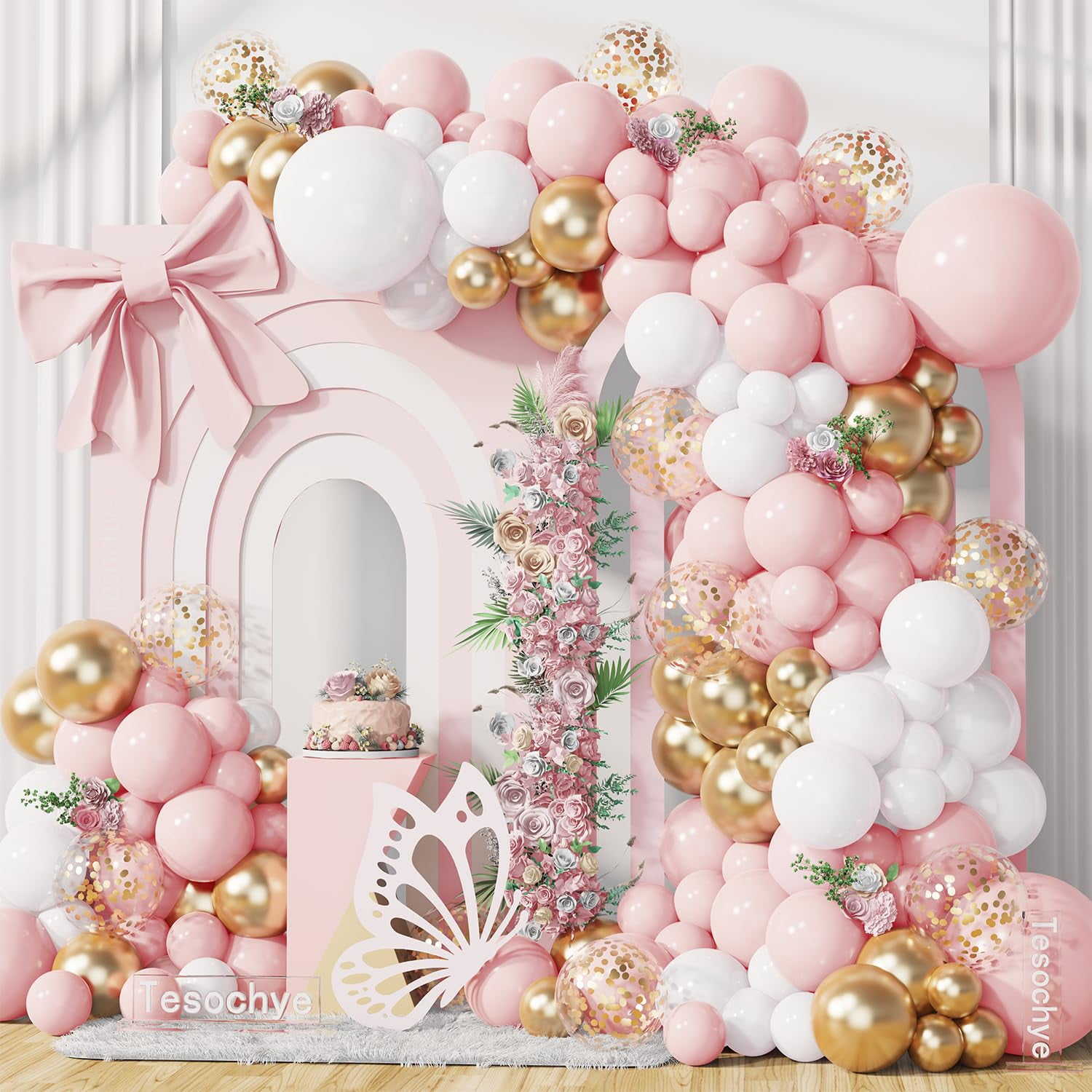 Pink and Gold Balloon Arch Kit, AFN1143 PCS Pink and White Balloon ...