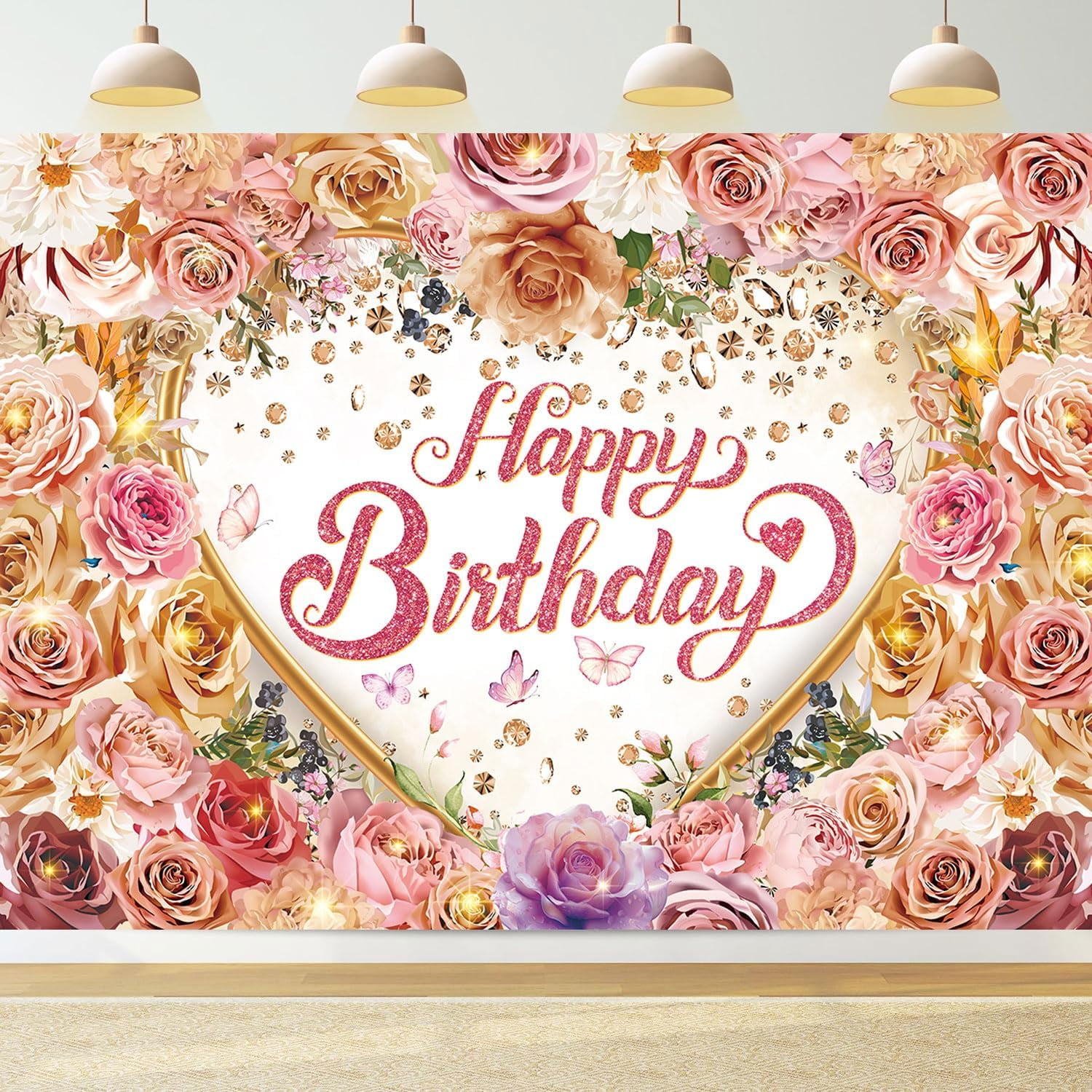 Pink Gold Flower Happy Birthday Backdrop Pink Rose Flowers Photography Background for Women ...