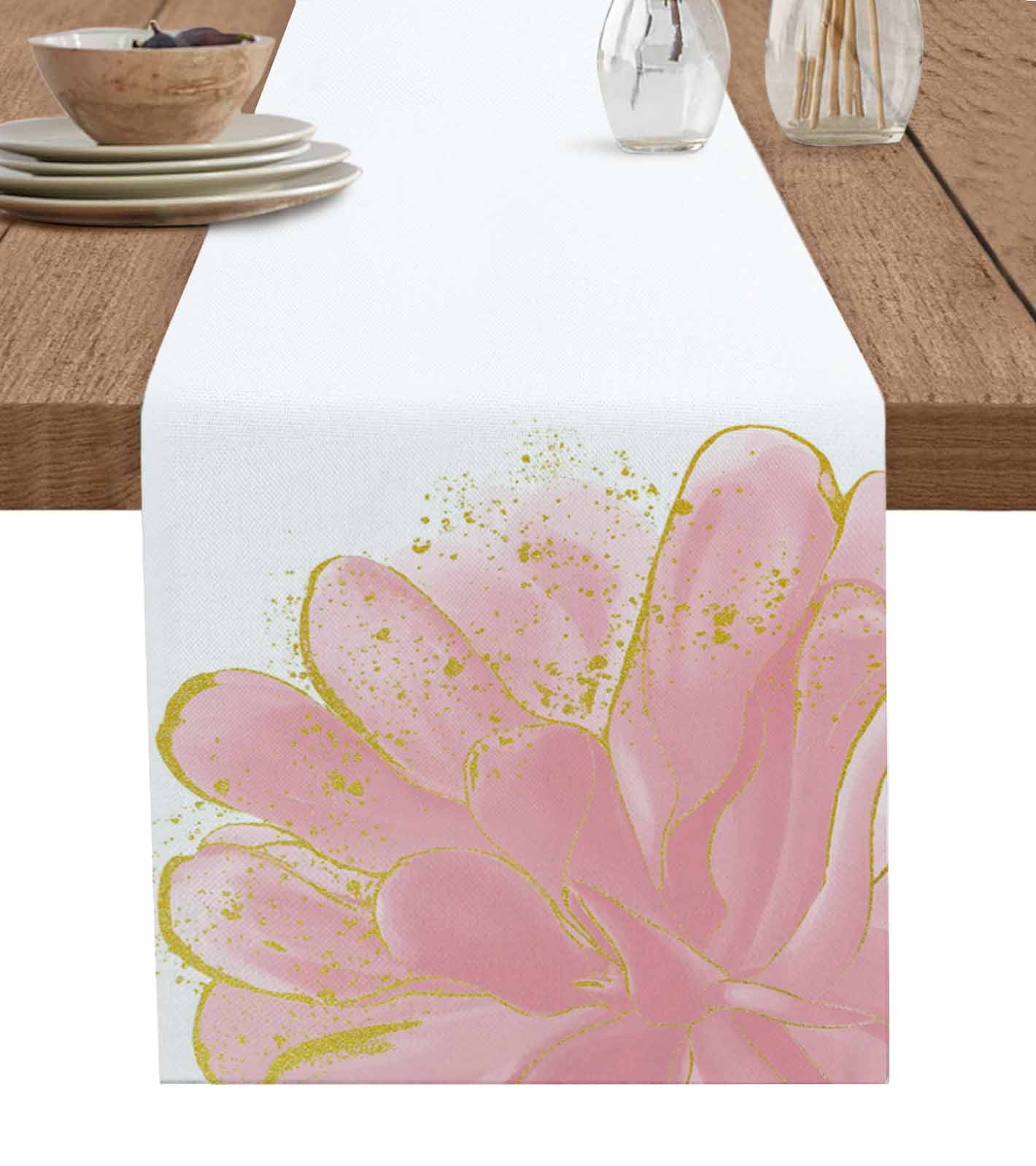 Pink Gold Flower Table Runners 120 Inches Long, Cotton Linen Fabric ...
